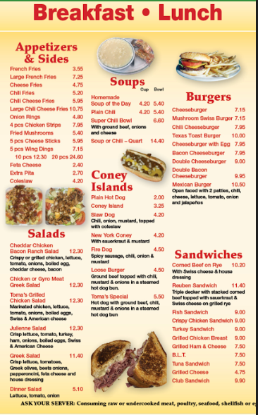 Toma's Coney Island Menu (Latest updated menu)