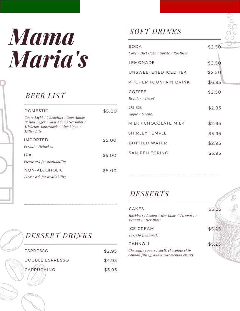 Mama Maria's Ristorante & Pizzeria Menu (Latest updated menu)